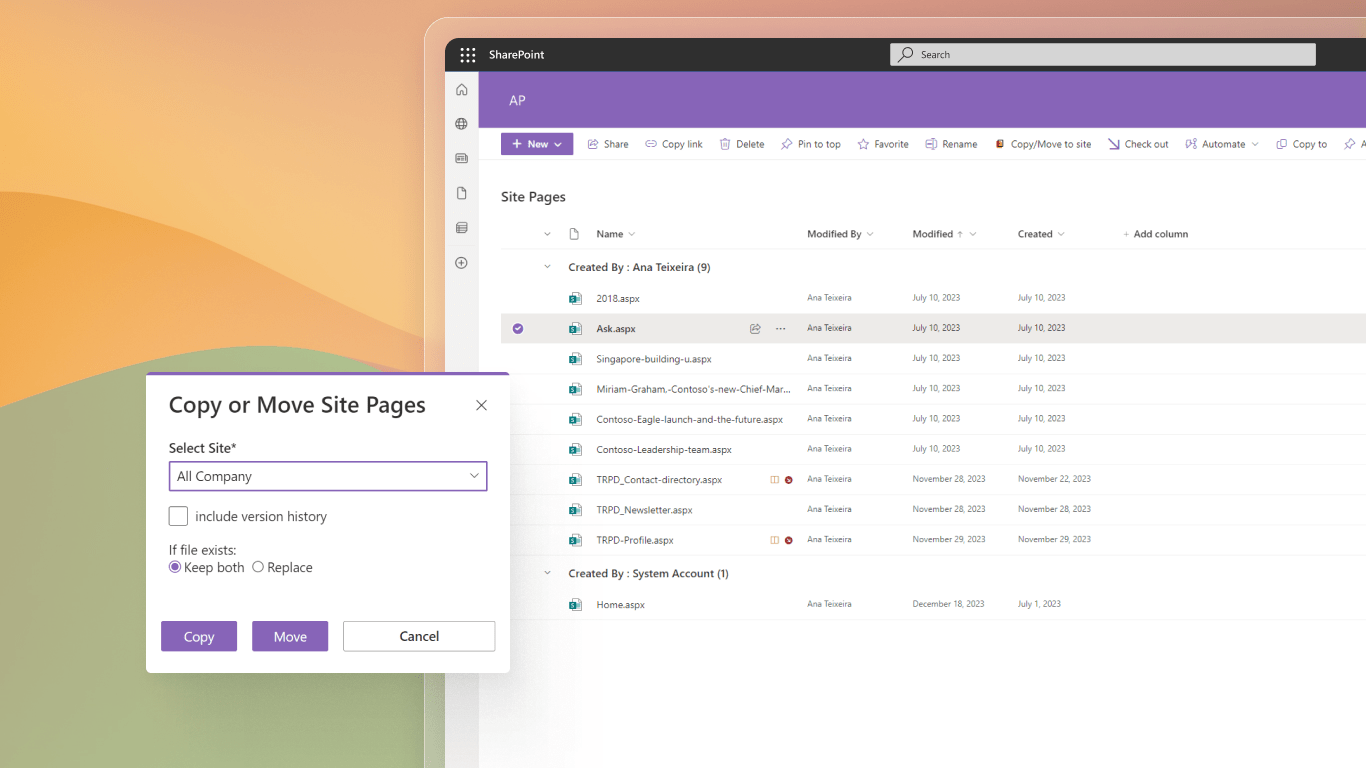 Copy Page to Site - Extension for SharePoint